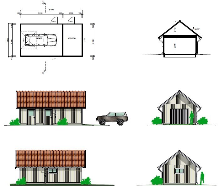 Eftersöker ritning på garage eller carport för en bil med ett förråd ...